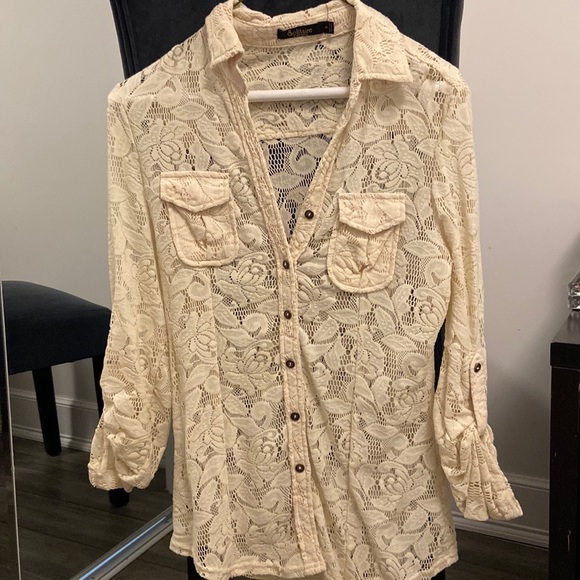 Solitaire | Tops | Cream Lace Button Down Top W Crochet Type Detail ...